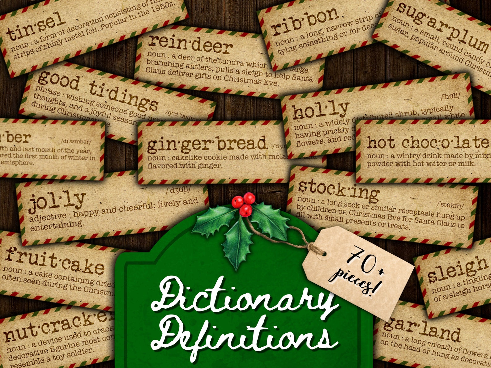 Vintage Christmas Dictionary Definitions, Christmas Word Tags, Holiday ...