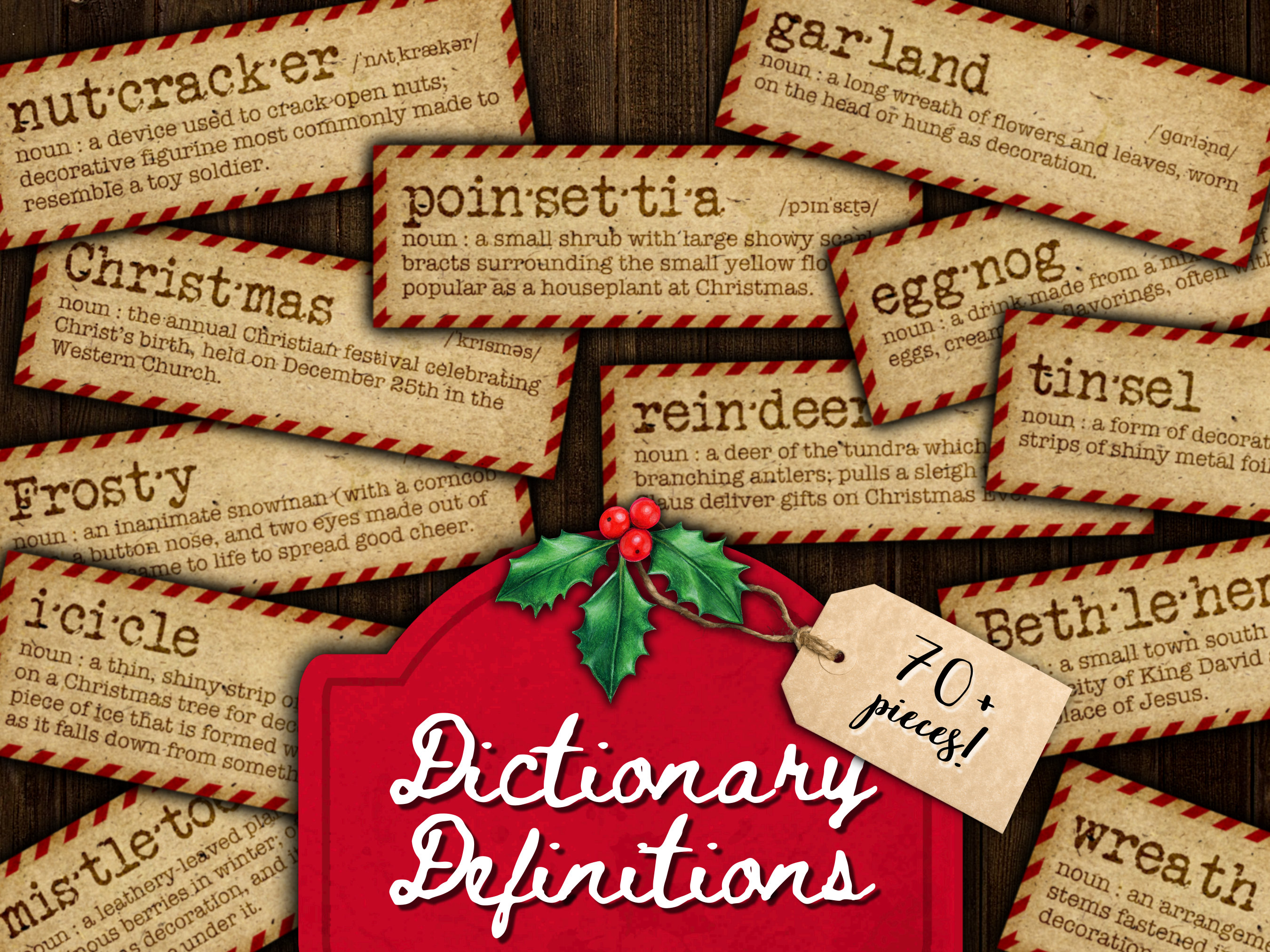 Vintage Christmas Dictionary Definitions, Christmas Word Tags, Holiday ...