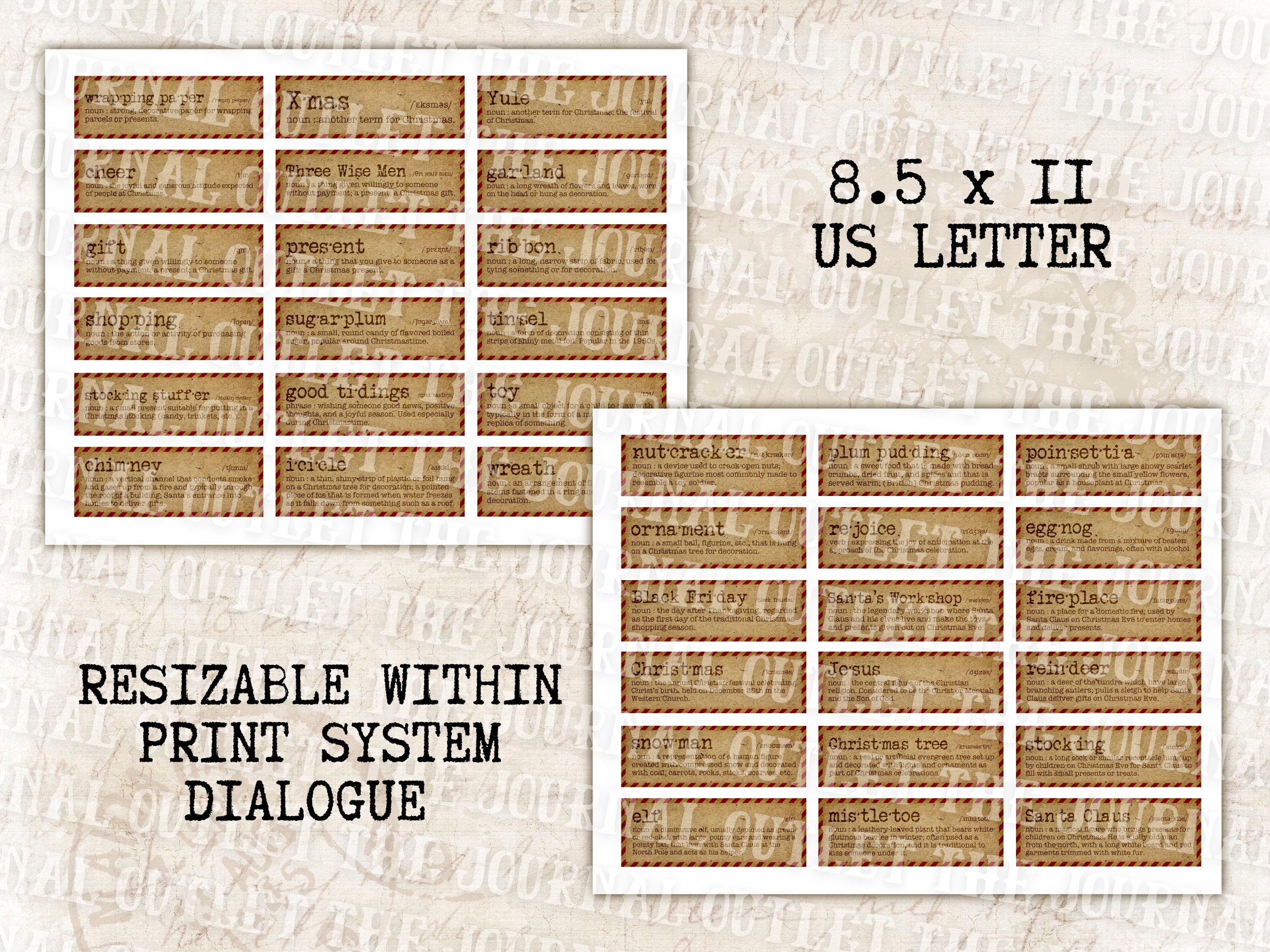 Vintage Christmas Dictionary Definitions, Christmas Word Tags, Holiday ...
