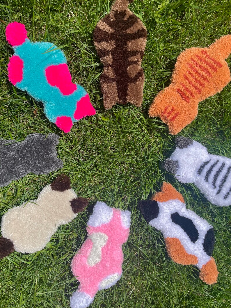 Hand Tufted Pink and White Cat Rug, Cat Wall Hanging, Cute Cat Decor ...