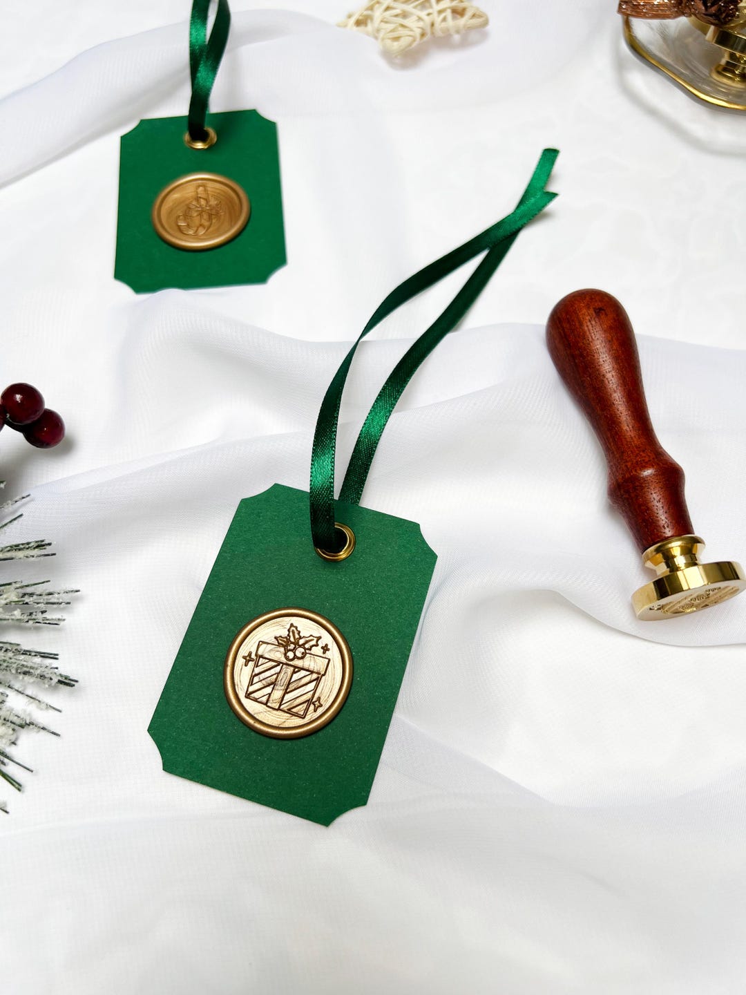Green Christmas Gift Tags With Wax Seal | Green Cardstock + Ribbon ...