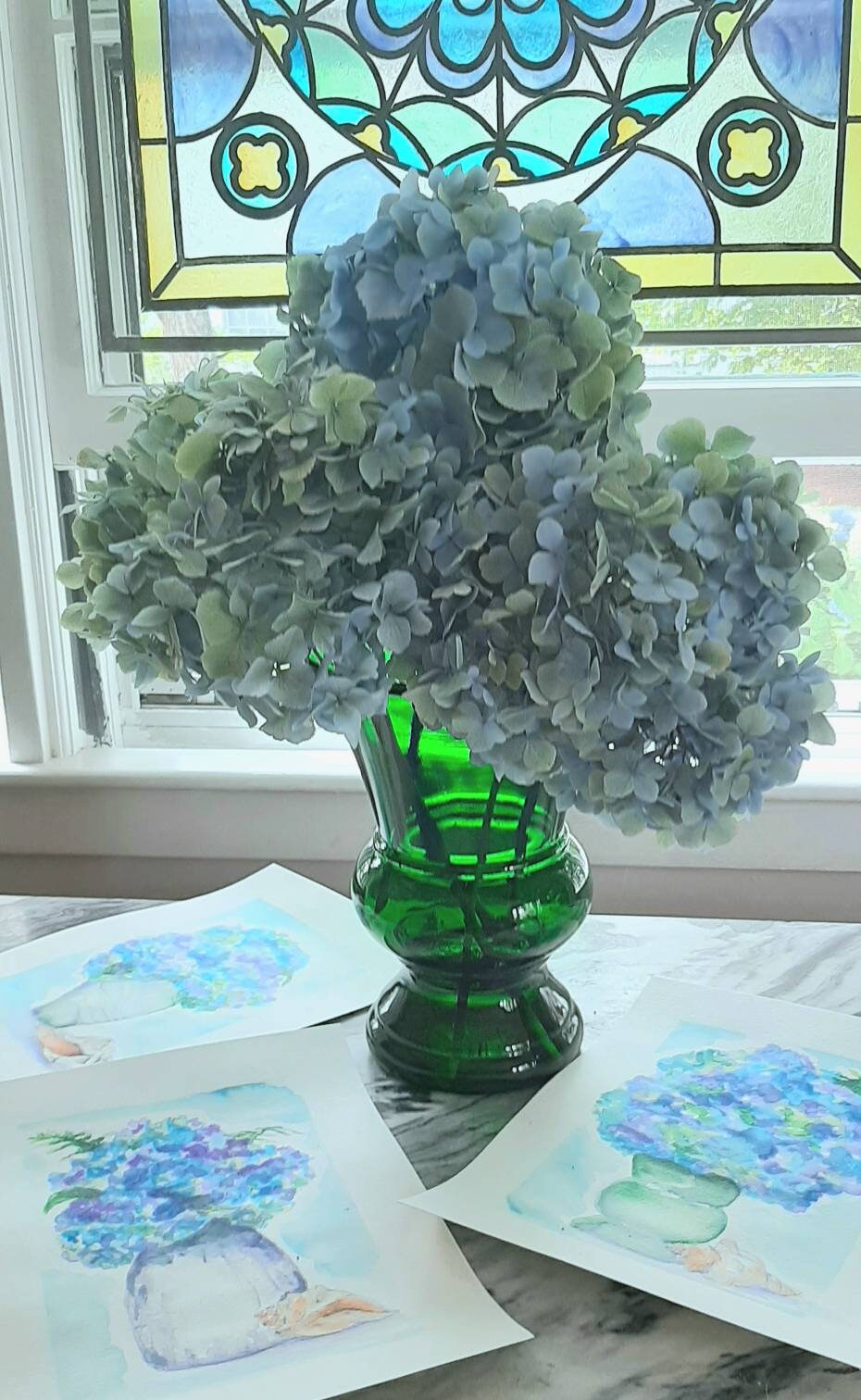 Hydrangea Blues With Seashell and Green Sea Glass Vase Original Hand ...