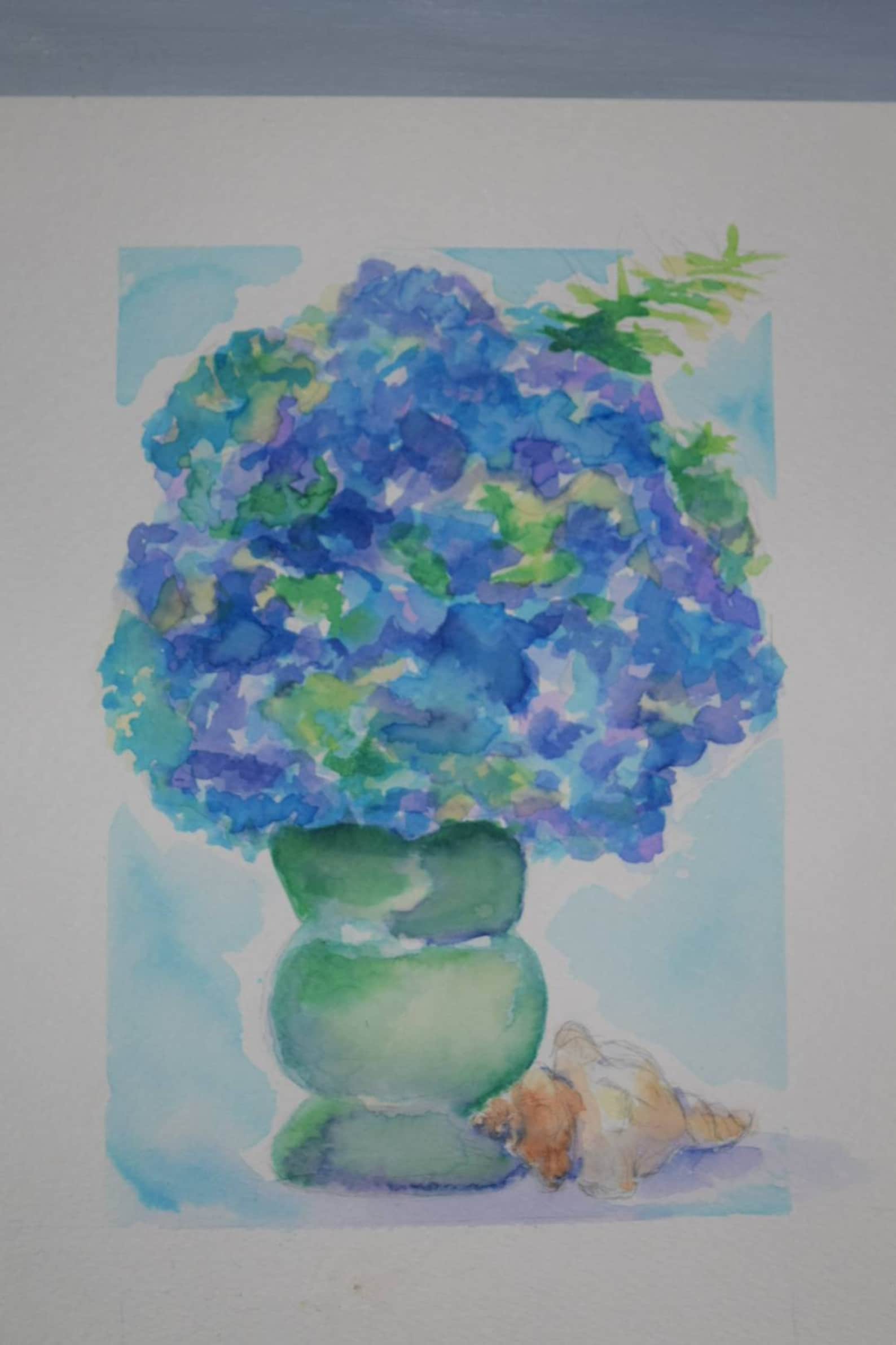 Hydrangea Blues With Seashell and Green Sea Glass Vase Original Hand ...