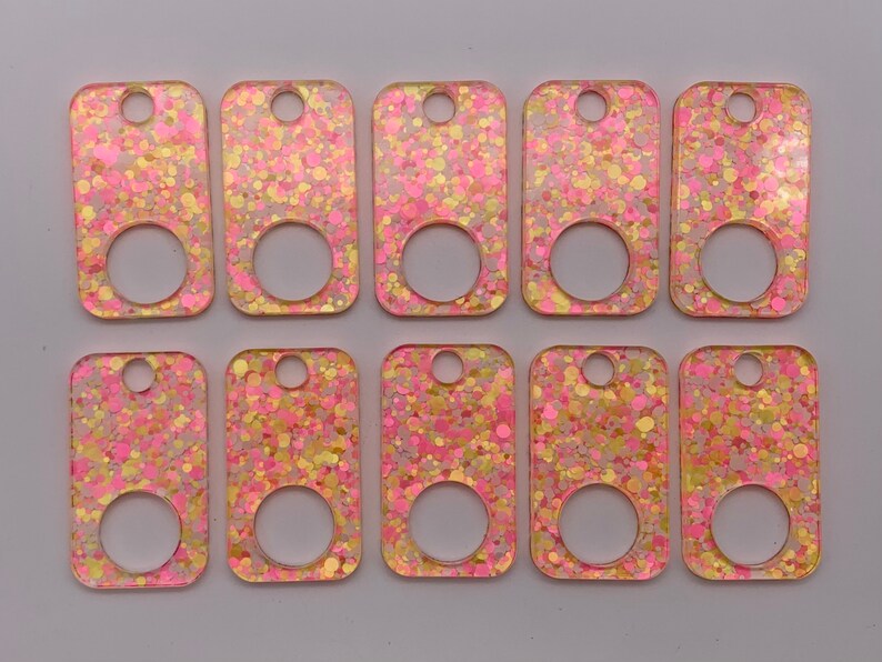 Rectangular Pink & Yellow Dots/glitter Acrylic Thread Drops. A Crossed ...