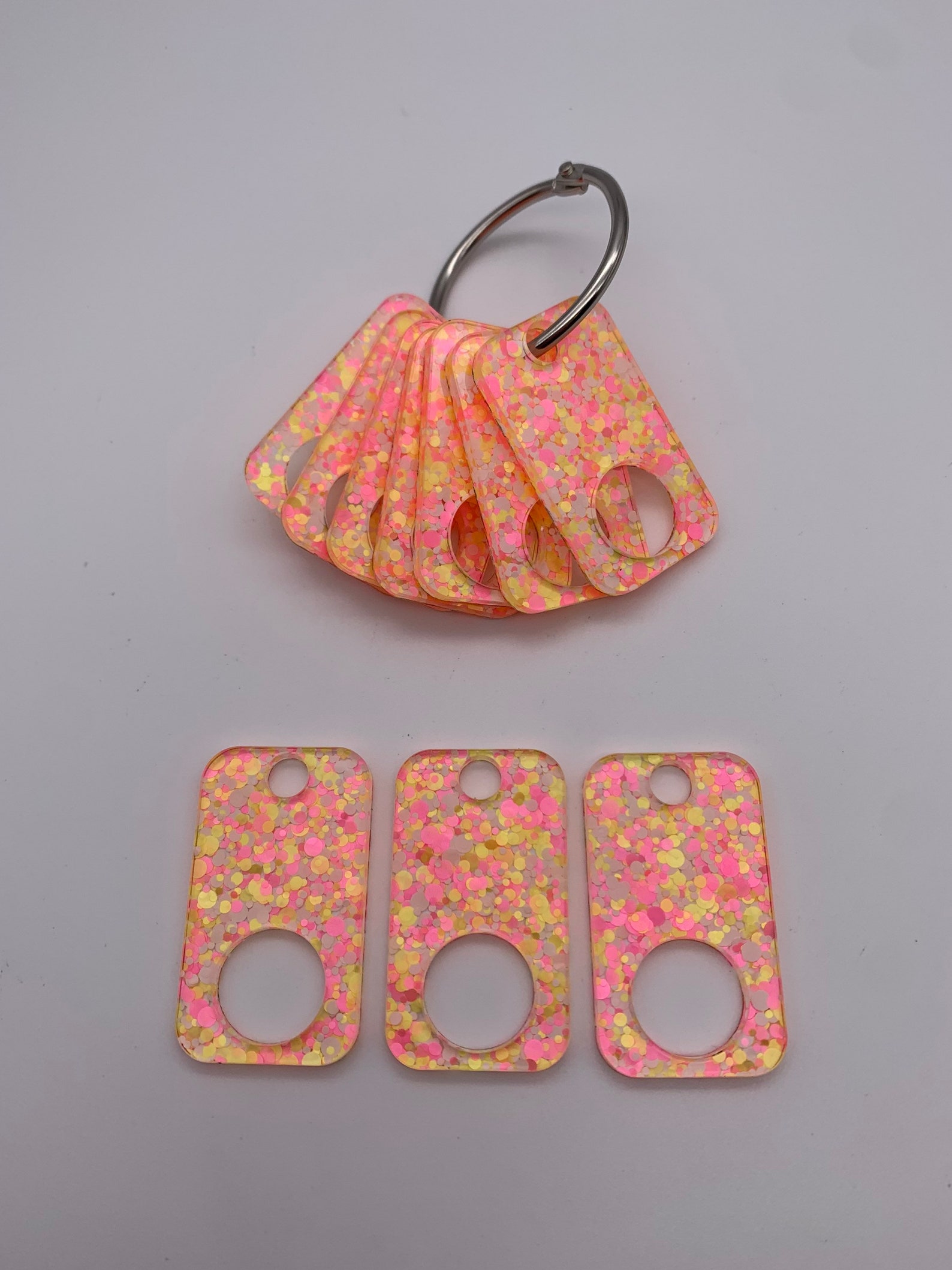 Rectangular Pink & Yellow Dots/glitter Acrylic Thread Drops. A Crossed ...