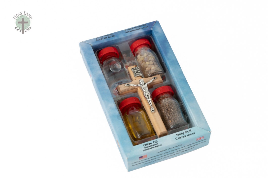 Holy Land Gift Set: Olive Wood Cross, Soil, Water, Oil, Incense - Etsy