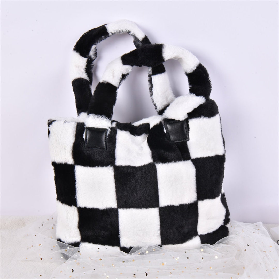 Plush Checkerboard Tote Bag, Ladies Fluffy Shoulder Bag, Women Furry ...