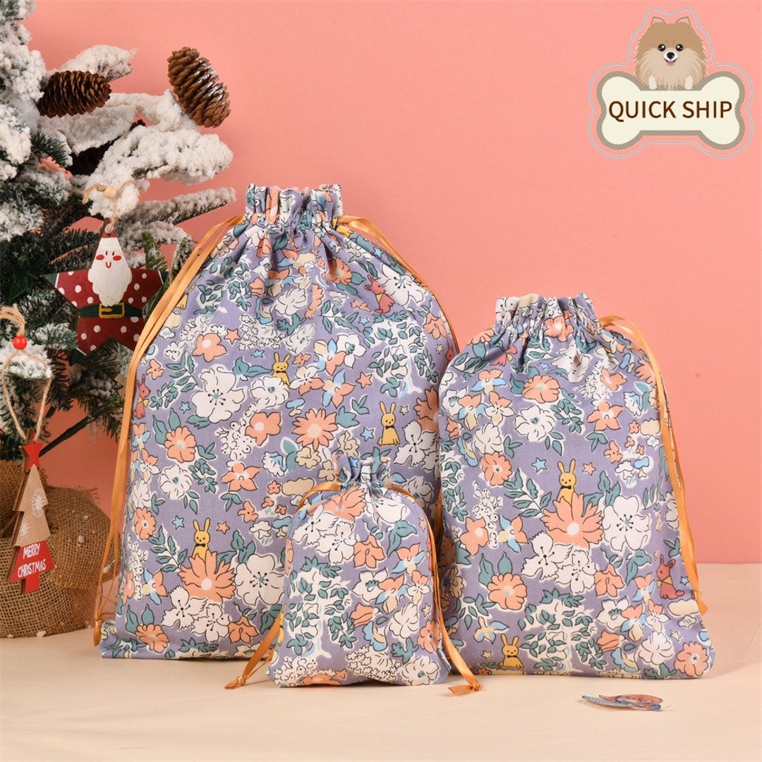 Bunny & Flowers Gift Bag, Spring Gift Bags, Durable Drawstring Storage ...