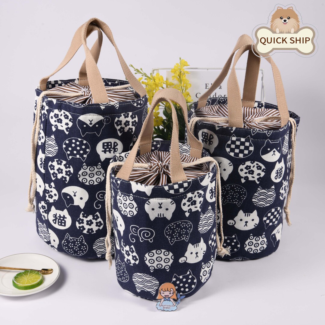 Cat Japanese Canvas Drawstring Lunch Bag, Round Bucket Portable ...