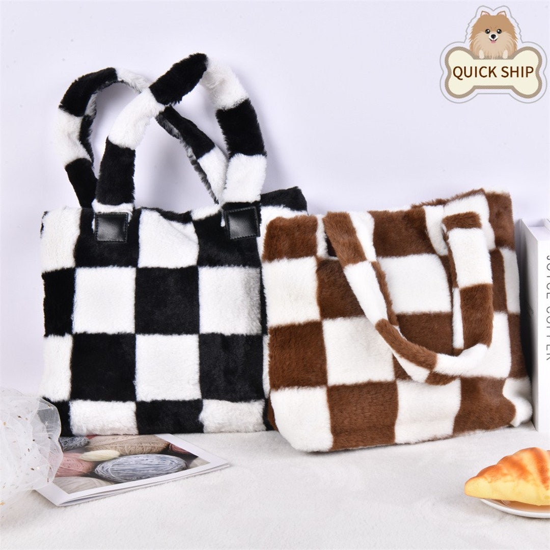 Plush Checkerboard Tote Bag Ladies Fluffy Shoulder Bag Women - Etsy