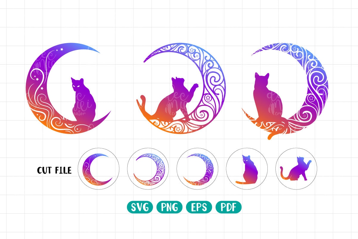 Moon Cat SVG: Mystical Black Cat PNG, Celestial Cut Files (digital ...