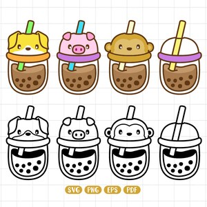 Animal Bubble Tea, Bubble Tea SVG Cut File, Cute Boba Tea, Milk Tea ...
