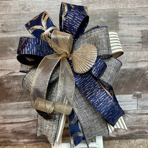 Large Navy Blue and Gold Bow, Beach Bow With Gold Shell, Nautical ...