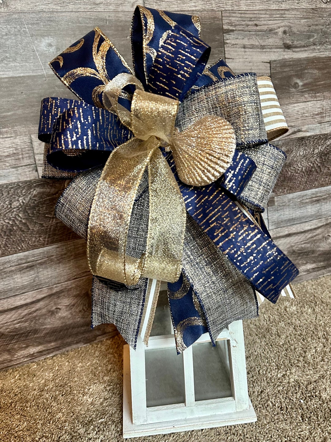 Large Navy Blue and Gold Bow, Beach Bow With Gold Shell, Nautical ...