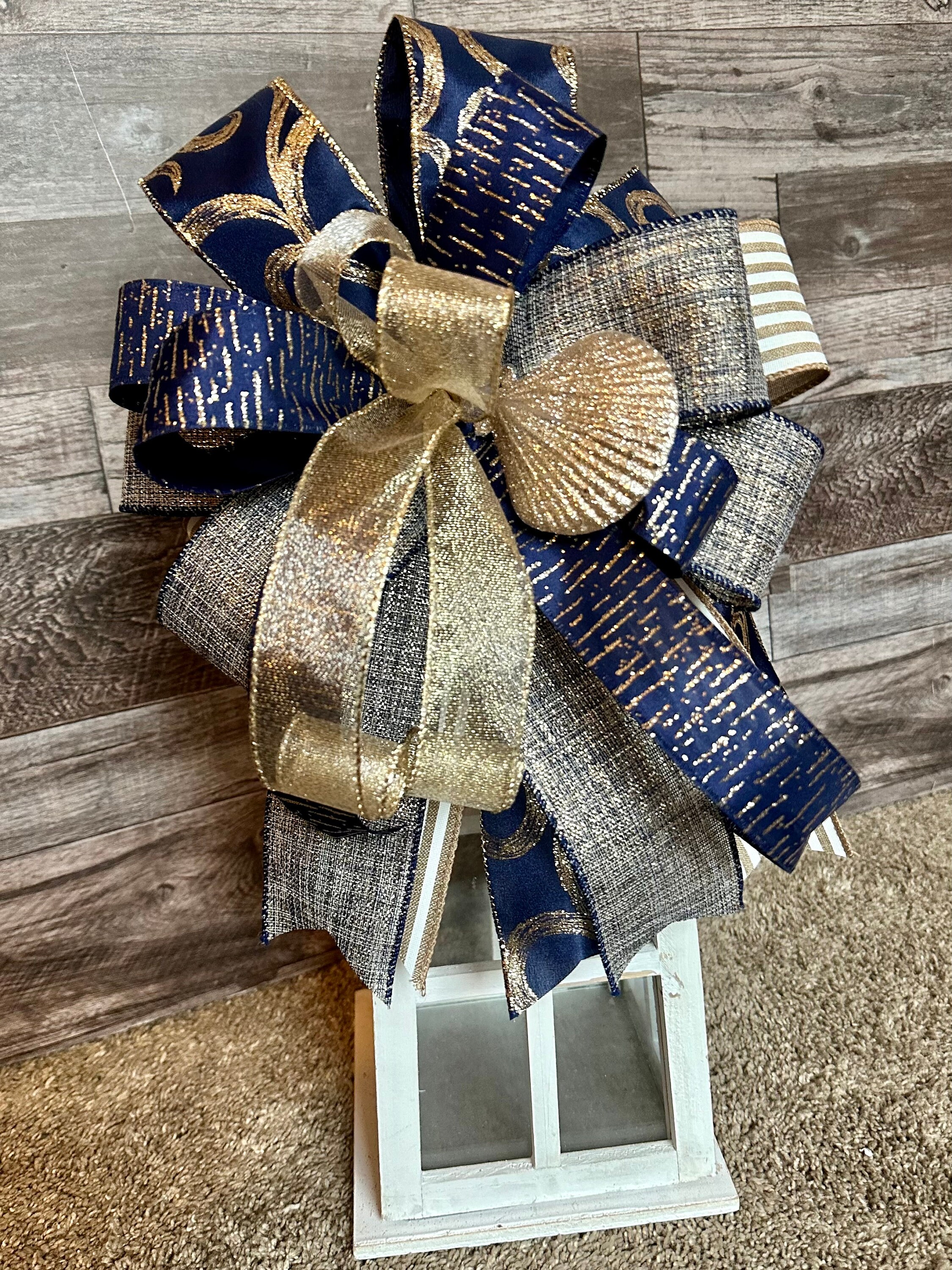 Large Navy Blue and Gold Bow, Beach Bow With Gold Shell, Nautical ...