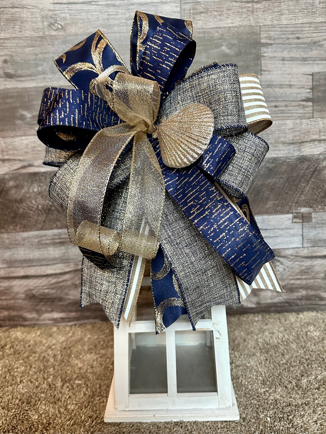Large Navy Blue and Gold Bow, Beach Bow With Gold Shell, Nautical ...
