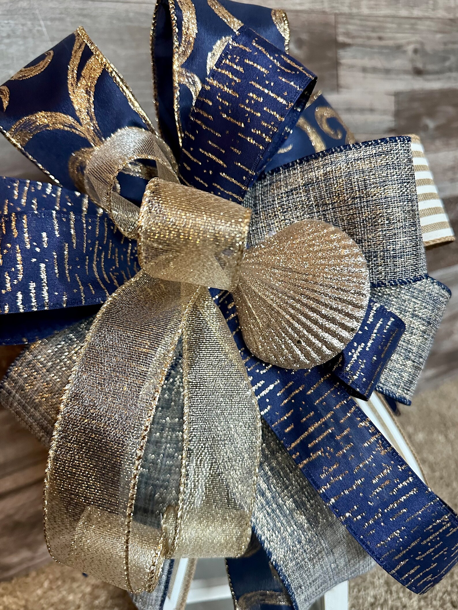 Large Navy Blue and Gold Bow, Beach Bow With Gold Shell, Nautical ...