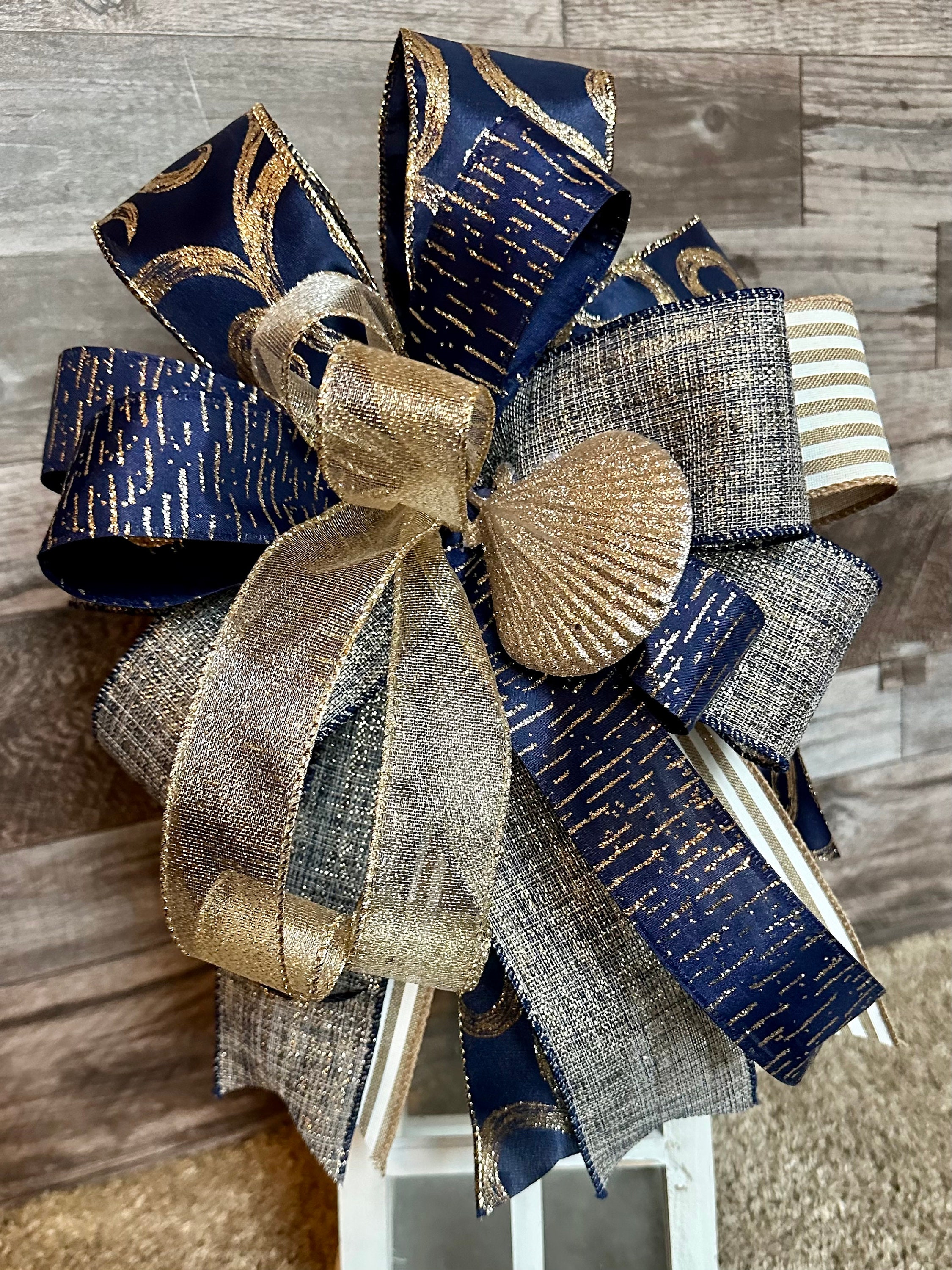 Large Navy Blue and Gold Bow, Beach Bow With Gold Shell, Nautical ...