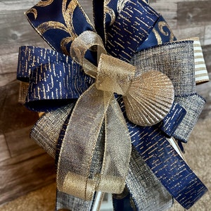Large Navy Blue and Gold Bow, Beach Bow With Gold Shell, Nautical ...