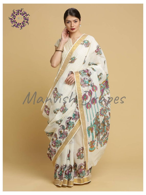 Kerala Kasavu With Baluchari Block Print on Body Bridesmaid | Etsy