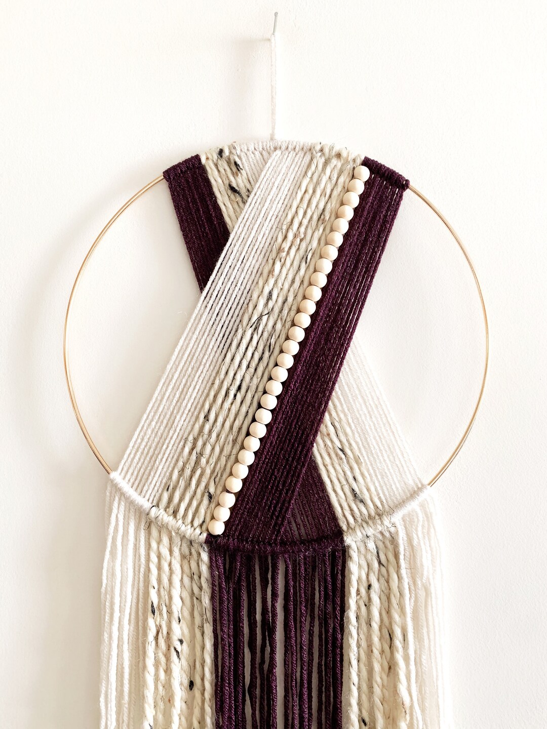 Purple and White Beaded Hoop Yarn Wall Hanging / Macrame Wall Hanging ...
