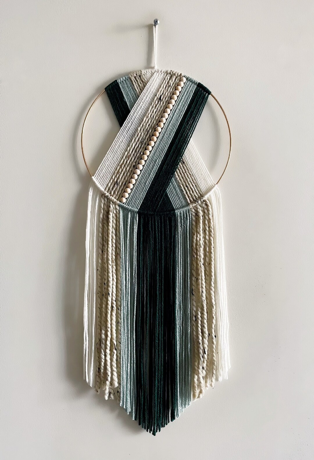 Emerald Sage Green and White Yarn Hoop Wall Hanging / Macrame Wall ...