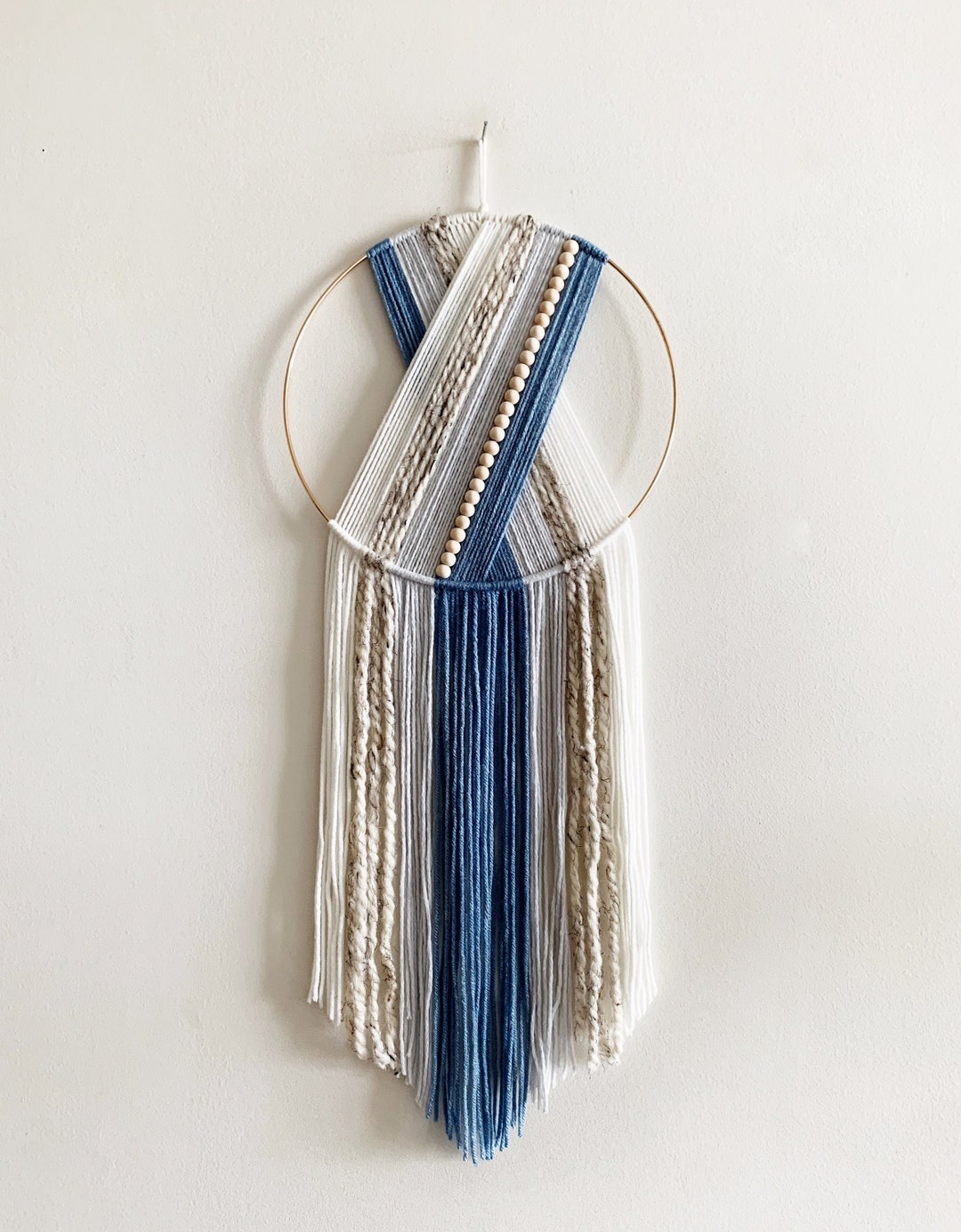 Blue and White Hoop Yarn Wall Hanging / Beaded Wall Hanging / Macrame ...