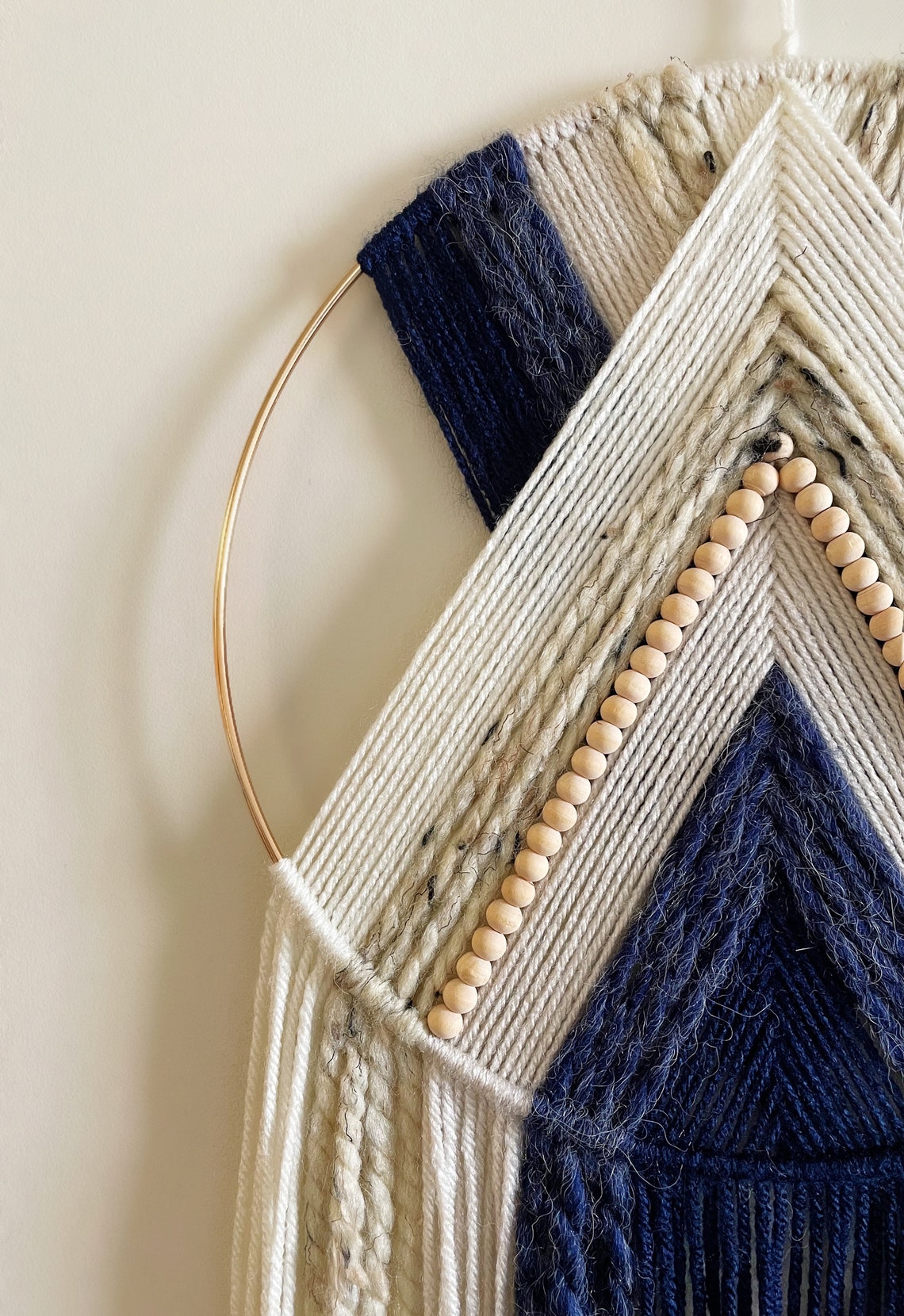 Navy Blue and Beige Beaded Yarn Hoop Wall Hanging / Macrame - Etsy