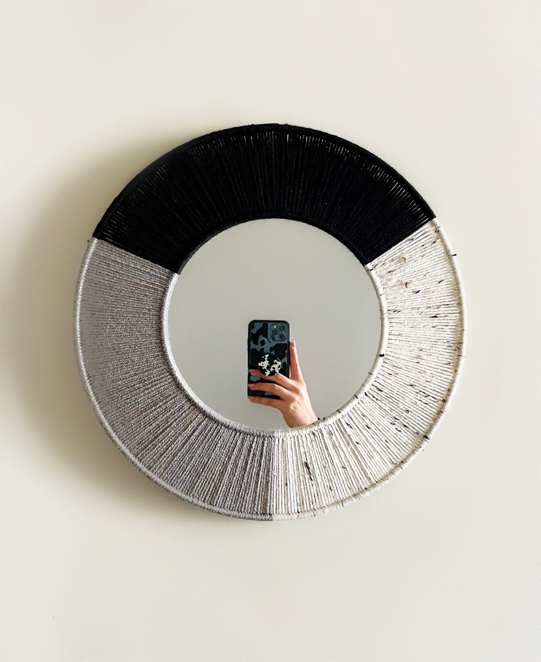 Black Gray and Speckled White Macrame Mirror / Yarn Macrame Wall ...