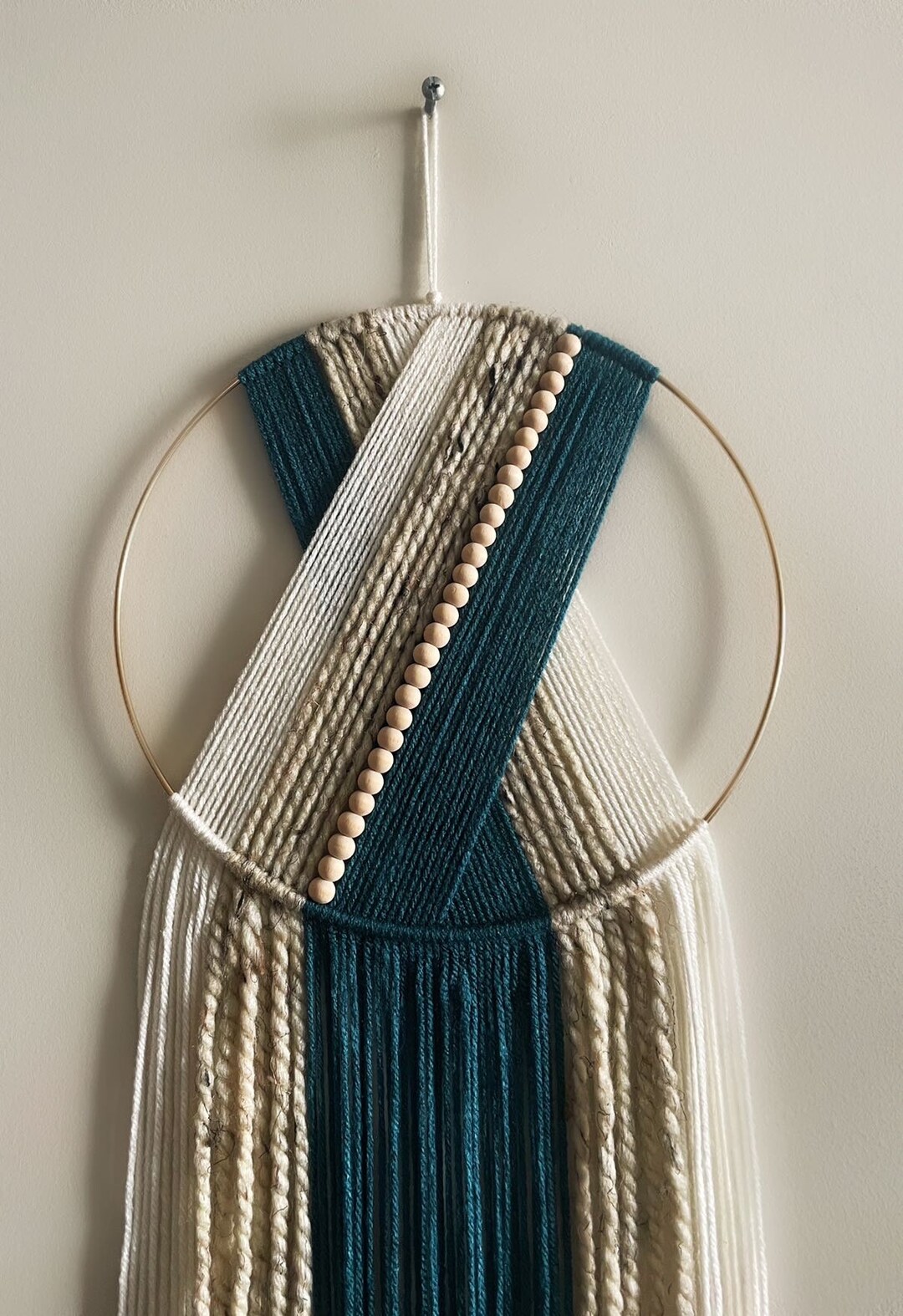 Teal Beige and Creamy White Yarn Hoop Wall Hanging / Macrame - Etsy