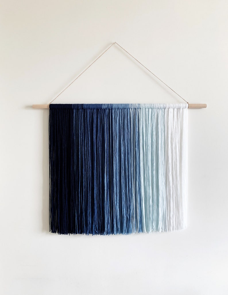 Ombre Blue Yarn Wall Hanging, Macrame on Wood Rod - Etsy