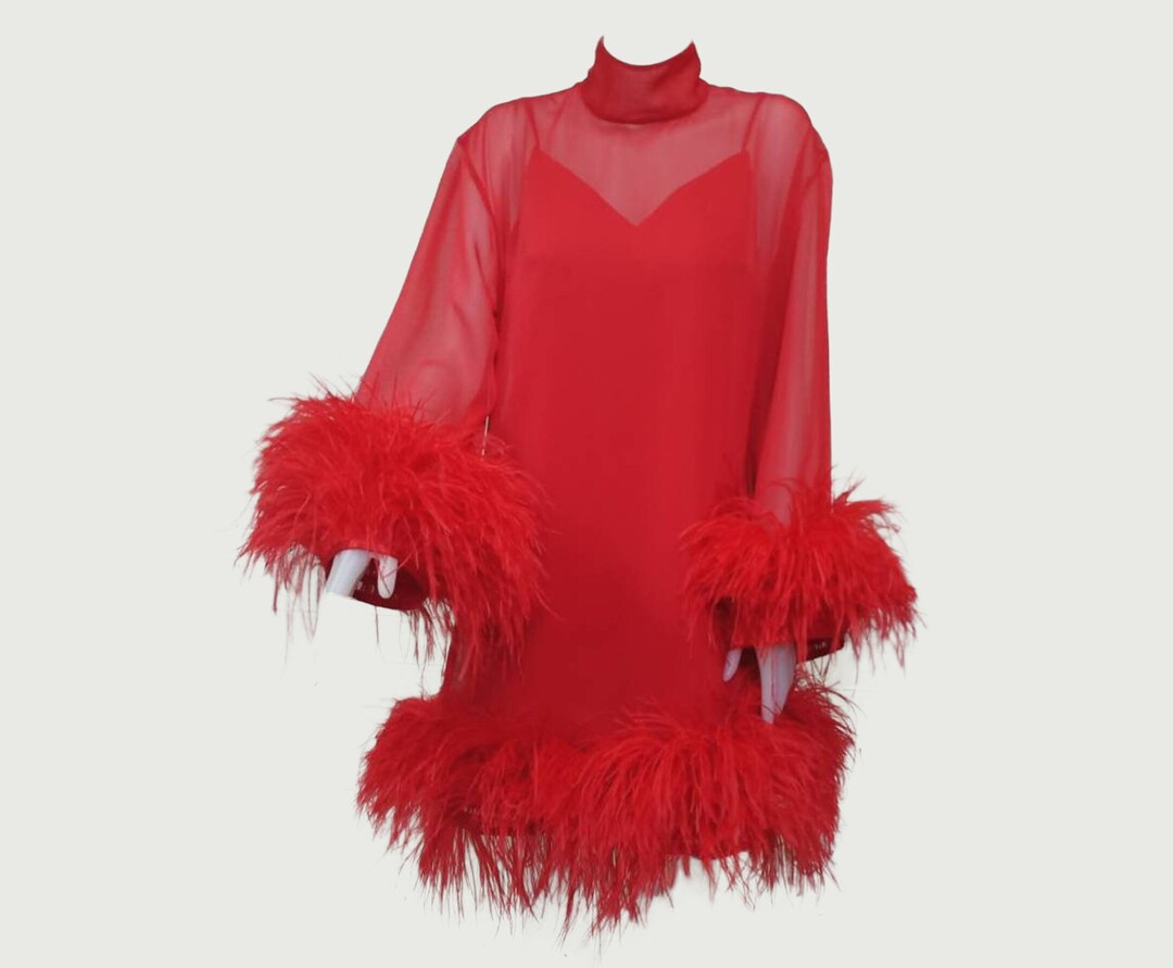 MARAYA Candy Apple Red Long Sleeve Mini Feather Dress - Etsy