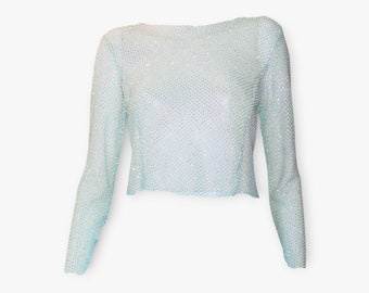 Luxe Black Rhinestone Mesh Long Sleeve Top With Crystals, Festival ...