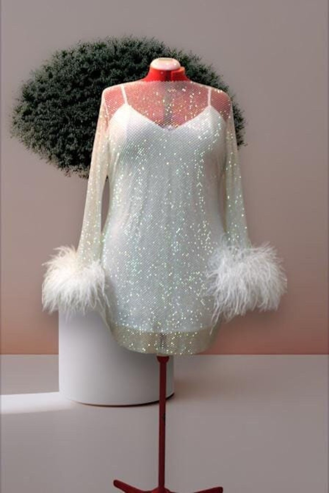 MARAYA Plus Size Rhinestone Mesh Long Sleeve Mini Feather Dress With ...