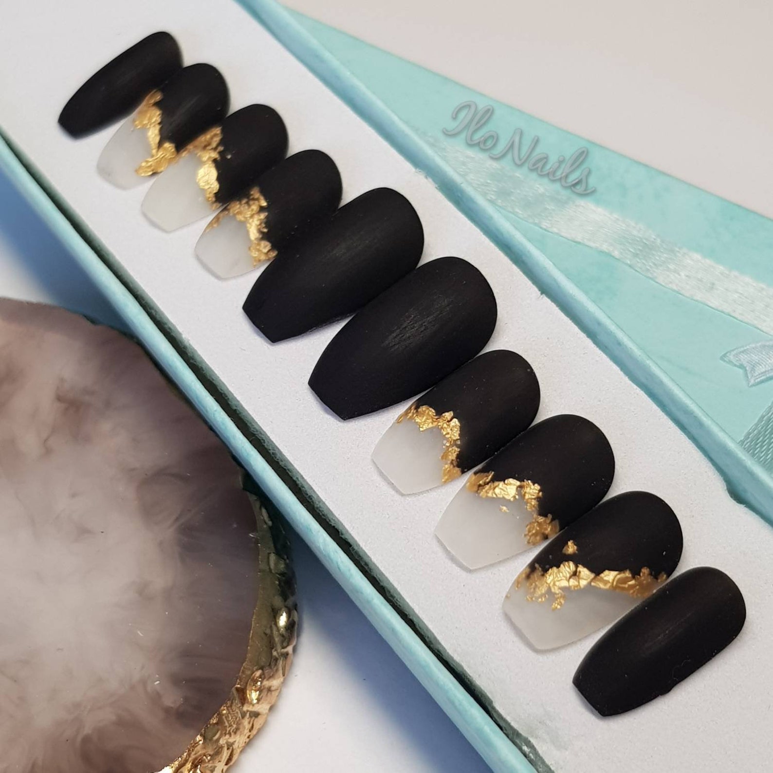 Black and Gold Flakes With Matt Finish Press on Nails. - Etsy UK