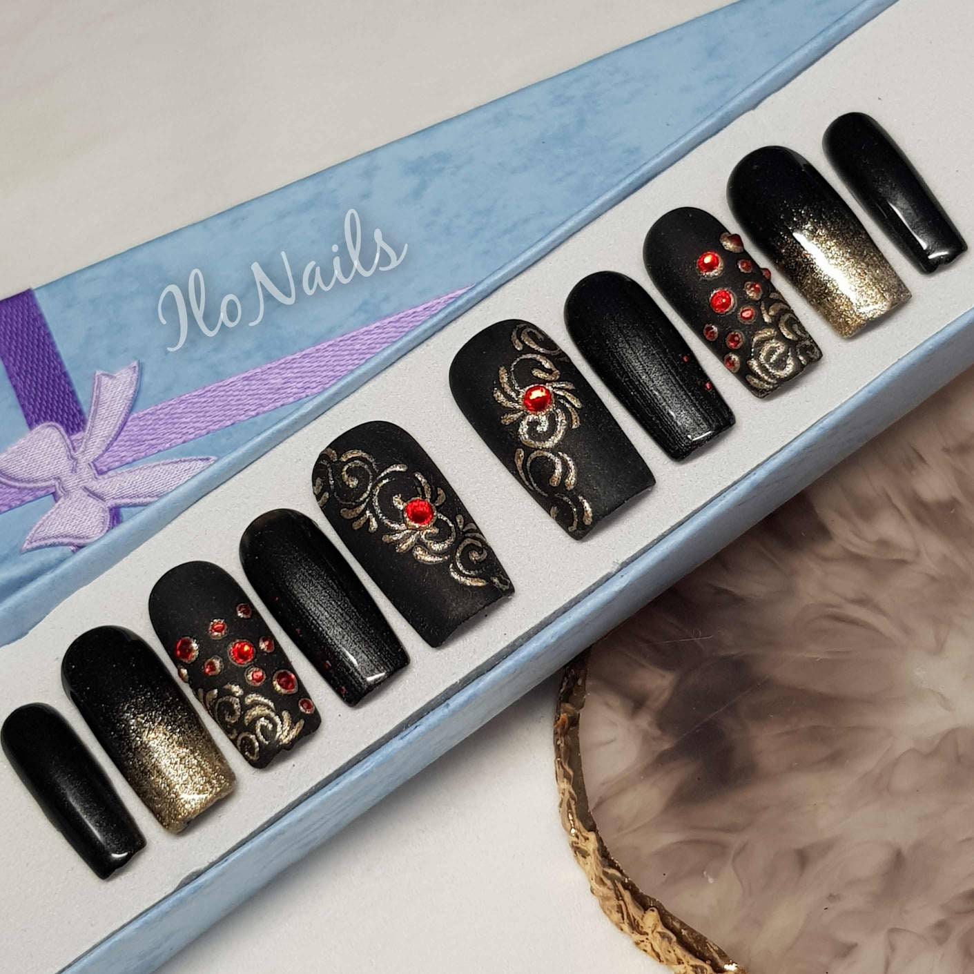 Black and Gold Press on Nails With Red Crystals and Hand | Etsy