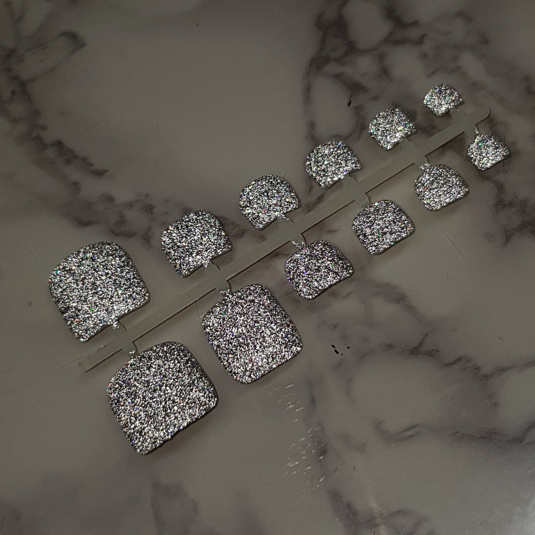 Reflective Silver Glitter, Silver Stardust Toe Nail Press on Nails. Set ...