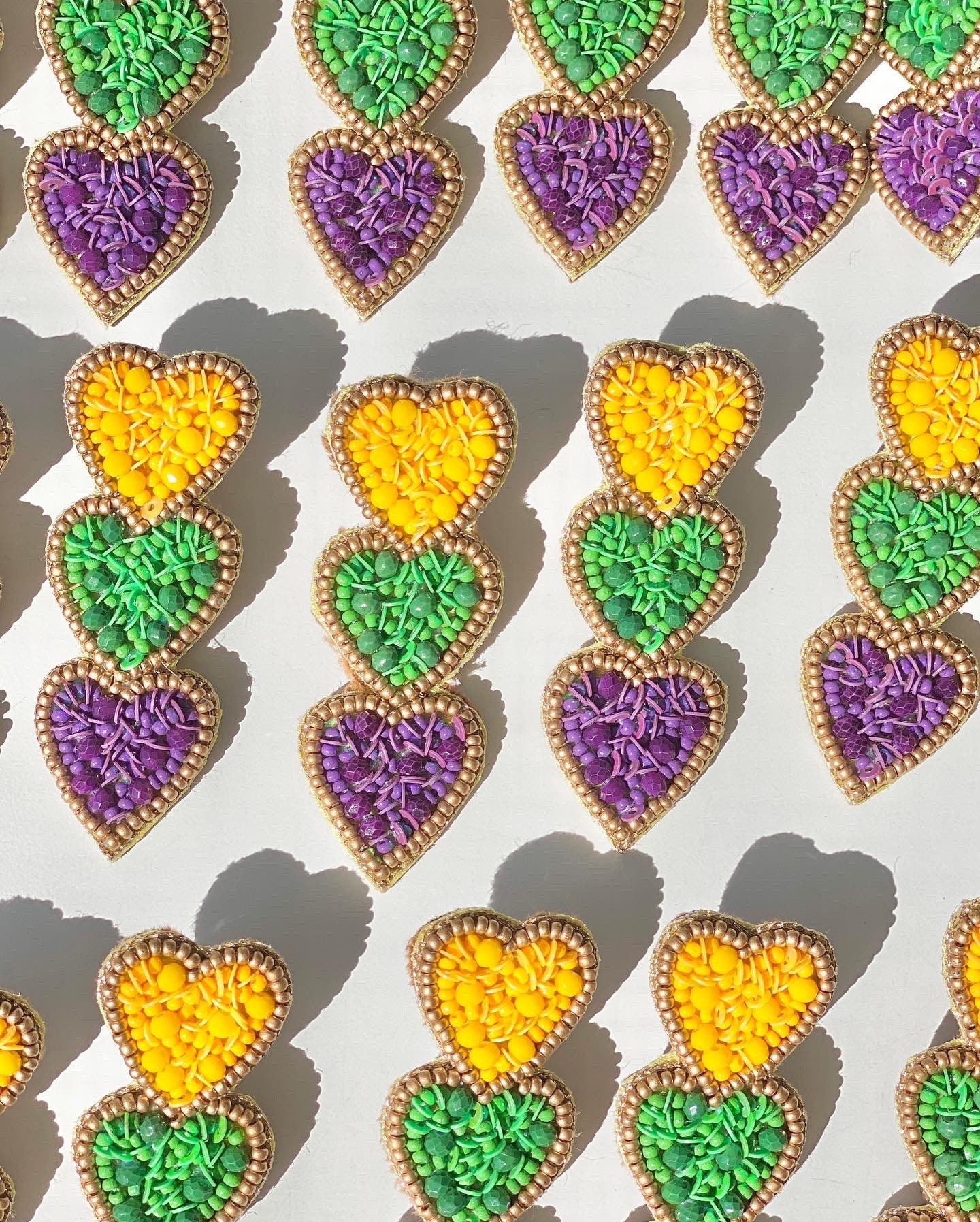 Hand Embroidered Mardi Gras Heart Earrings, Gold Green Purple - Etsy