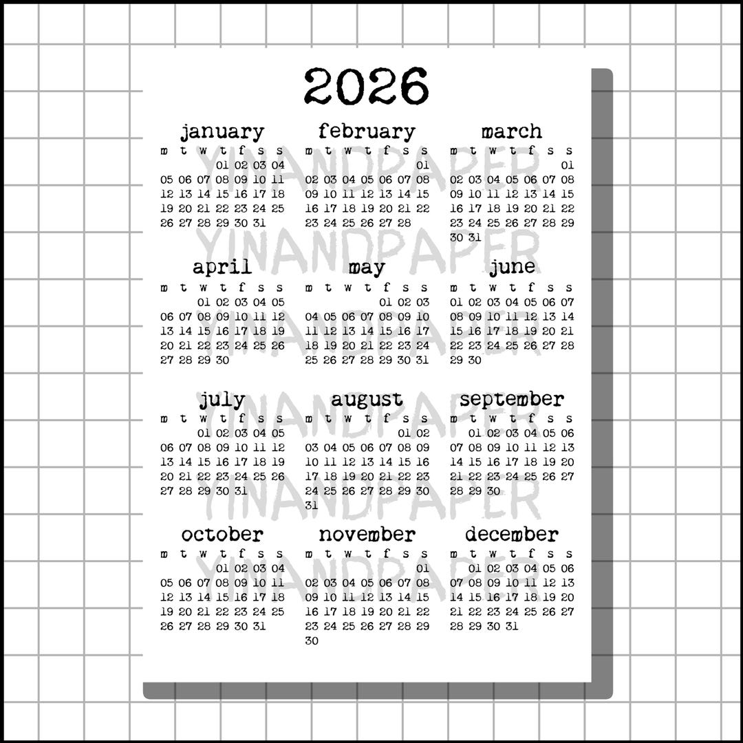 2026 Year at a Glance Calendar Printable: Minimal Typewriter Font ...