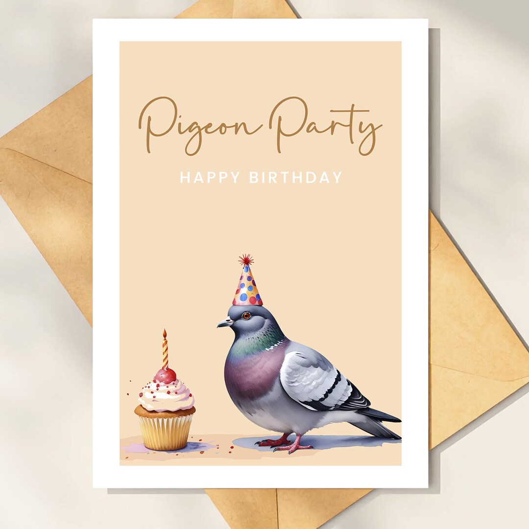 Pigeon Birthday Card, Cute Pigeon Card, Cupcake Birthday Card, Funny ...
