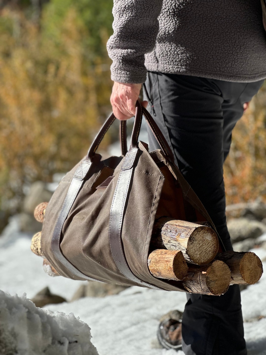 Oilskin and Leather LOG CARRIER - A Heavy Duty Waxed Canvas Carrier for ...