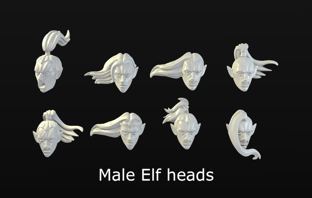 8 Male Elf Heads 3d Print for 28mm Miniatures / Fantasy Tabletop Gaming ...