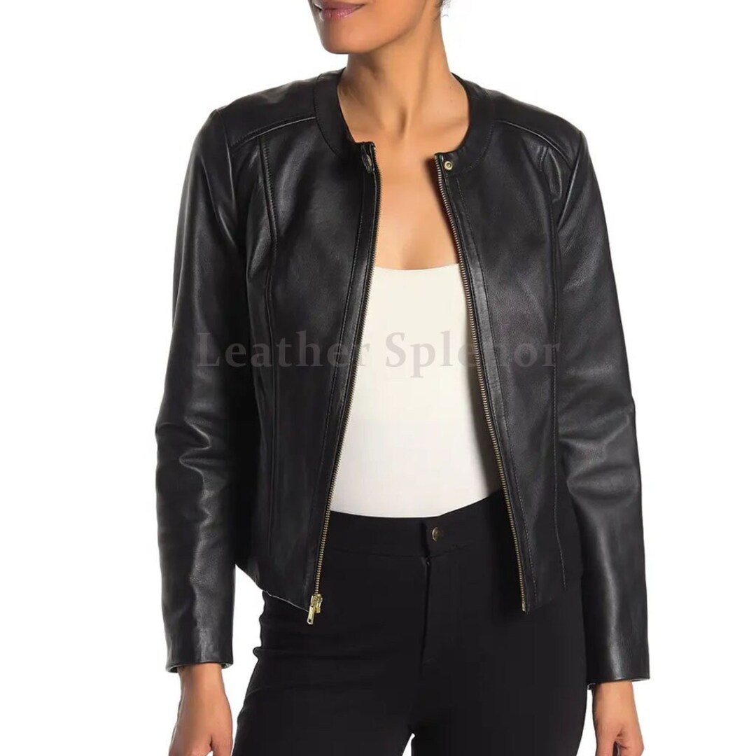 Round Neckline Handmade Zipper Front Black Biker Leather Jacket Stand ...