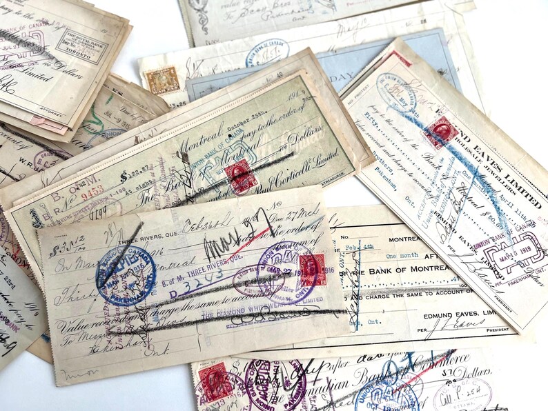 Antique Canadian Bank Cheques, 1915-1919, WWI Ephemera, War Tax Stamps ...
