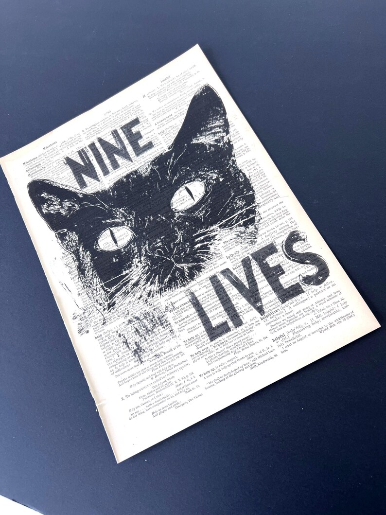 Black Cat "nine Lives" Print on 1800s Dictionary Page - Etsy