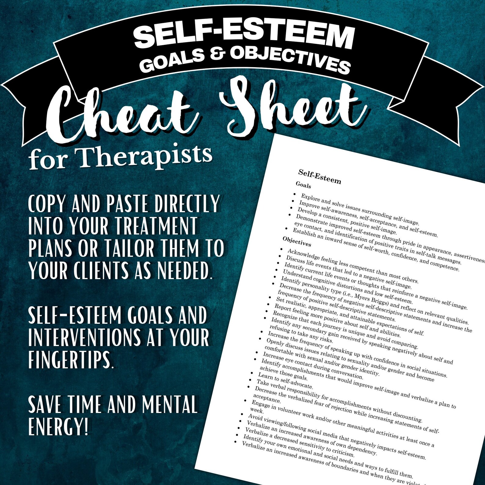 Self-esteem Therapy Goals Cheat Sheet Copy and Paste Goals & Objectives ...