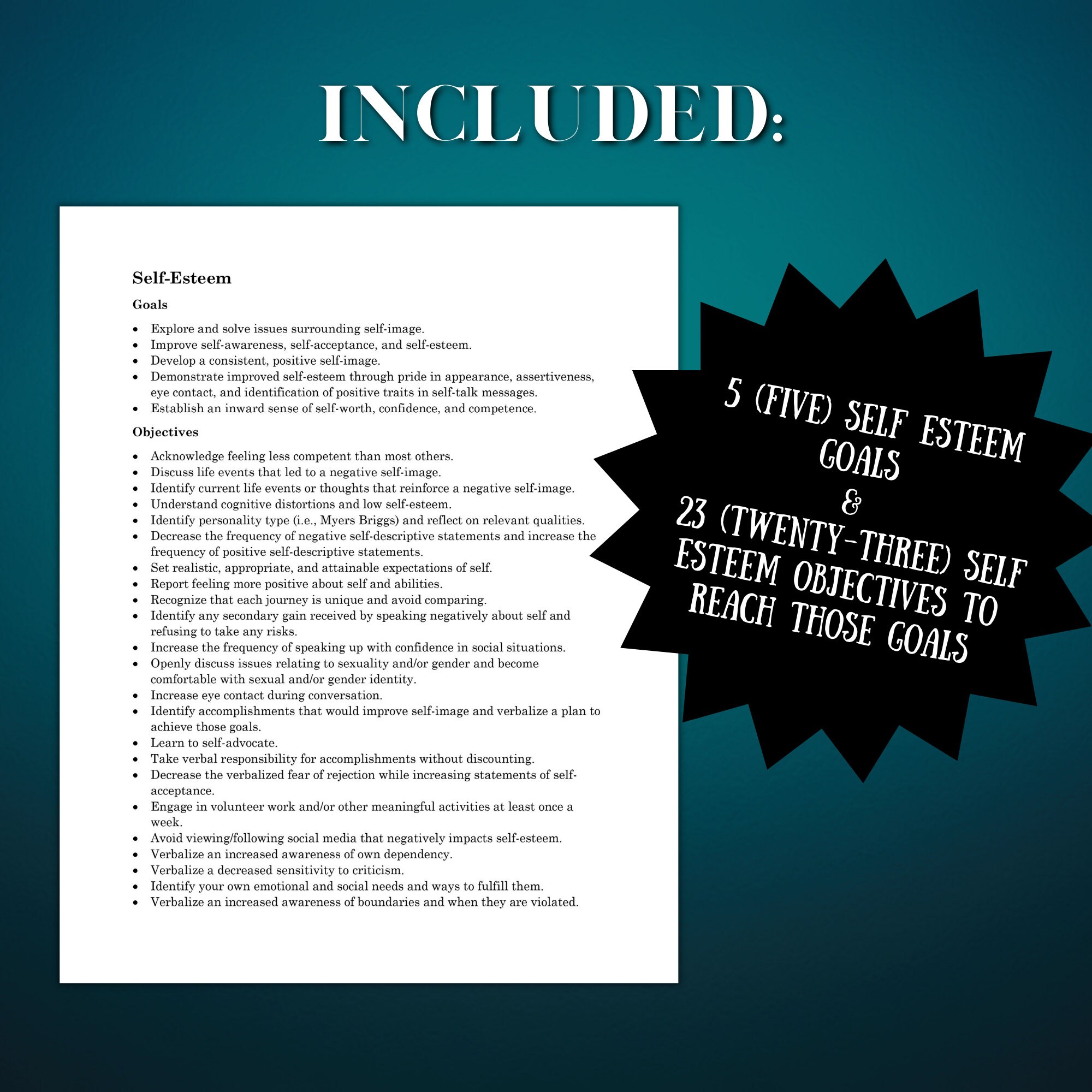 Self-esteem Therapy Goals Cheat Sheet Copy and Paste Goals & Objectives ...