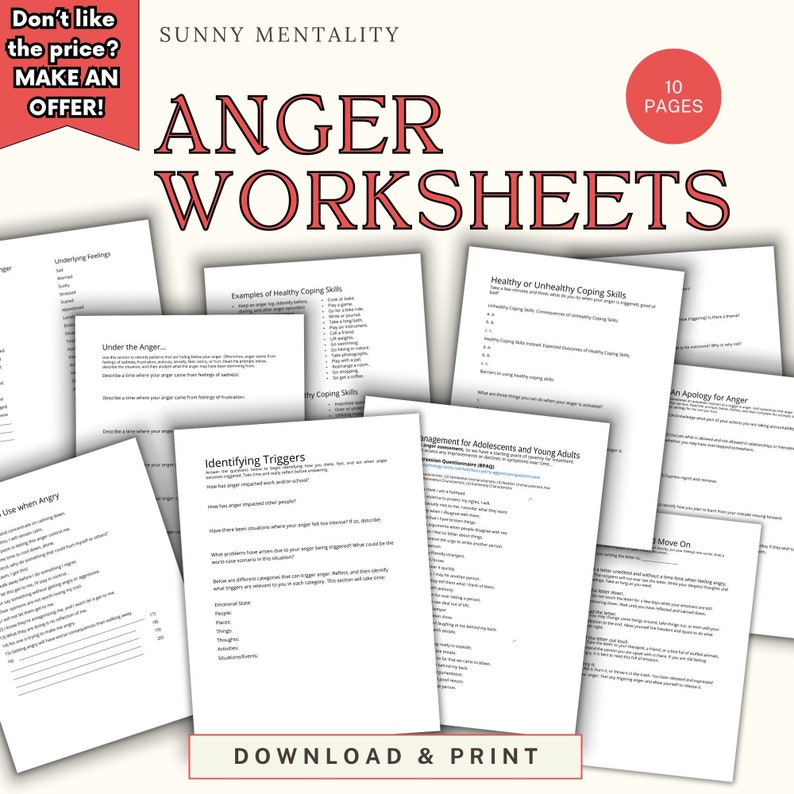 Anger Worksheets for Assessing Anger, Finding Triggers, and Improving ...