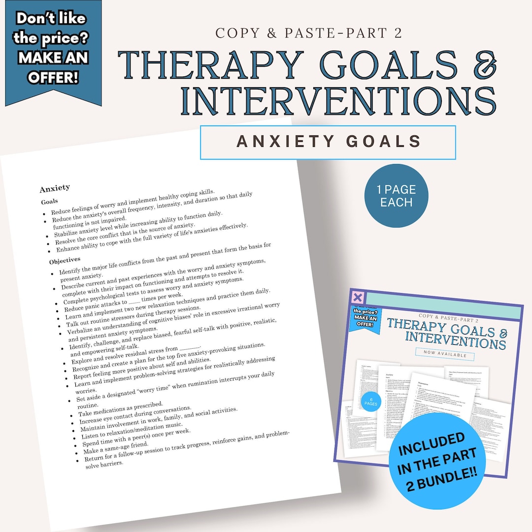 Anxiety Goals Cheat Sheet | Therapy Goals & Objectives Desktop ...
