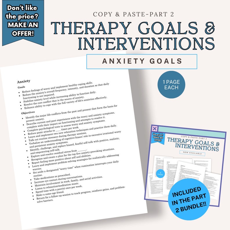 Anxiety Goals Cheat Sheet | Therapy Goals & Objectives Desktop ...
